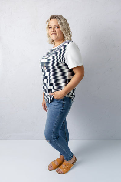 Penny Lou simple navy and white stripe tee with white cuff – Penny Lou ...