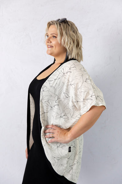 Penny Lou short sleeve cream black floral print cardi with black trim ...