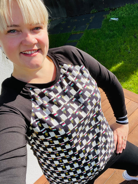 Penny Lou Long Sleeve Raglan in black and white with gold accent print ...